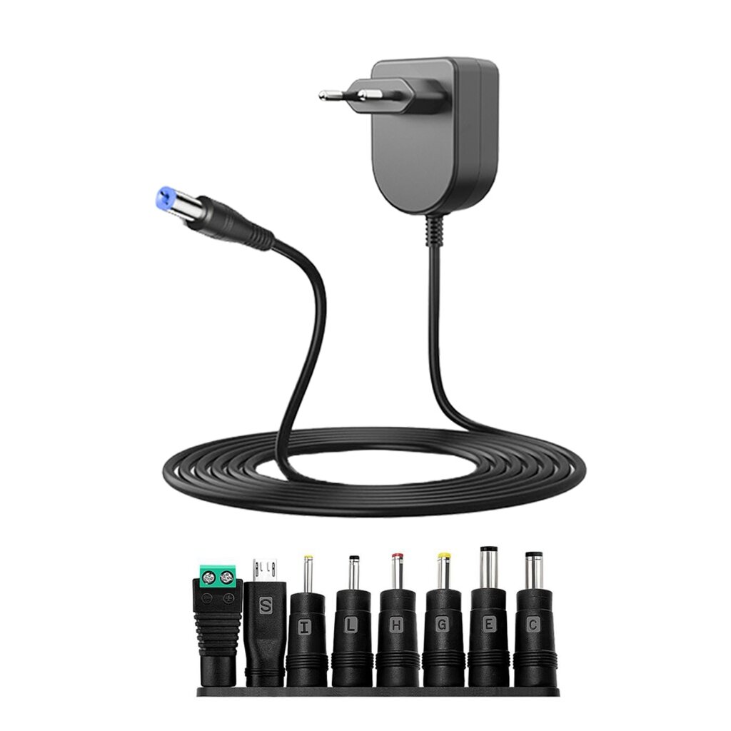 Зарядный Адаптер мощностью 15 Вт, 3-12 Вольт, Регулируемое Зарядное Устройство от AC100-240V до DC5521 со Сменным Наконечником