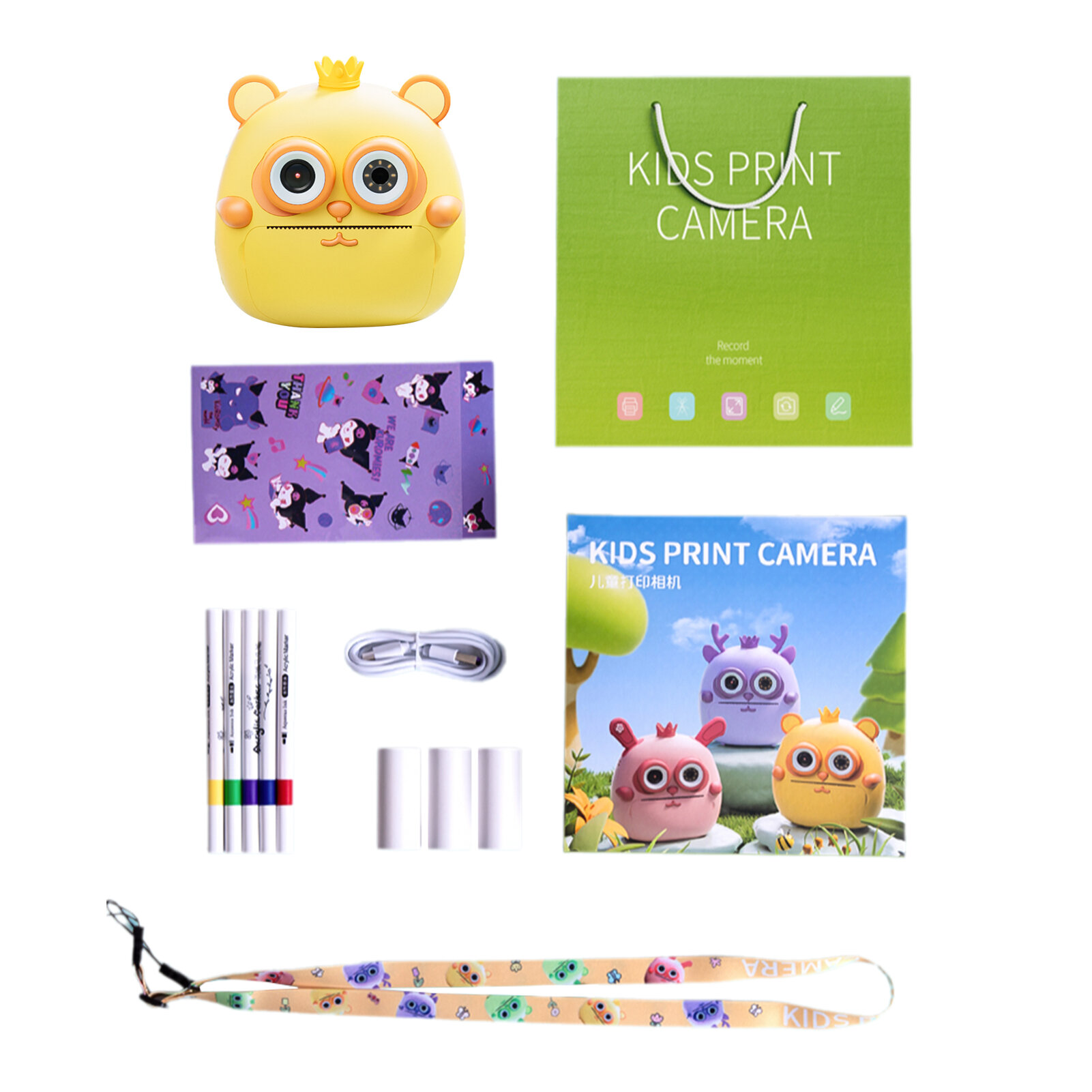 Детский фотоаппарат мгновенной печати, макросъемка, видео 1080p, цифровой, для детей 3-8 лет, для путешествий, для мальчиков и девочек, с картой памяти 8 ГБ и 3 рулонами бумаги, желтый.