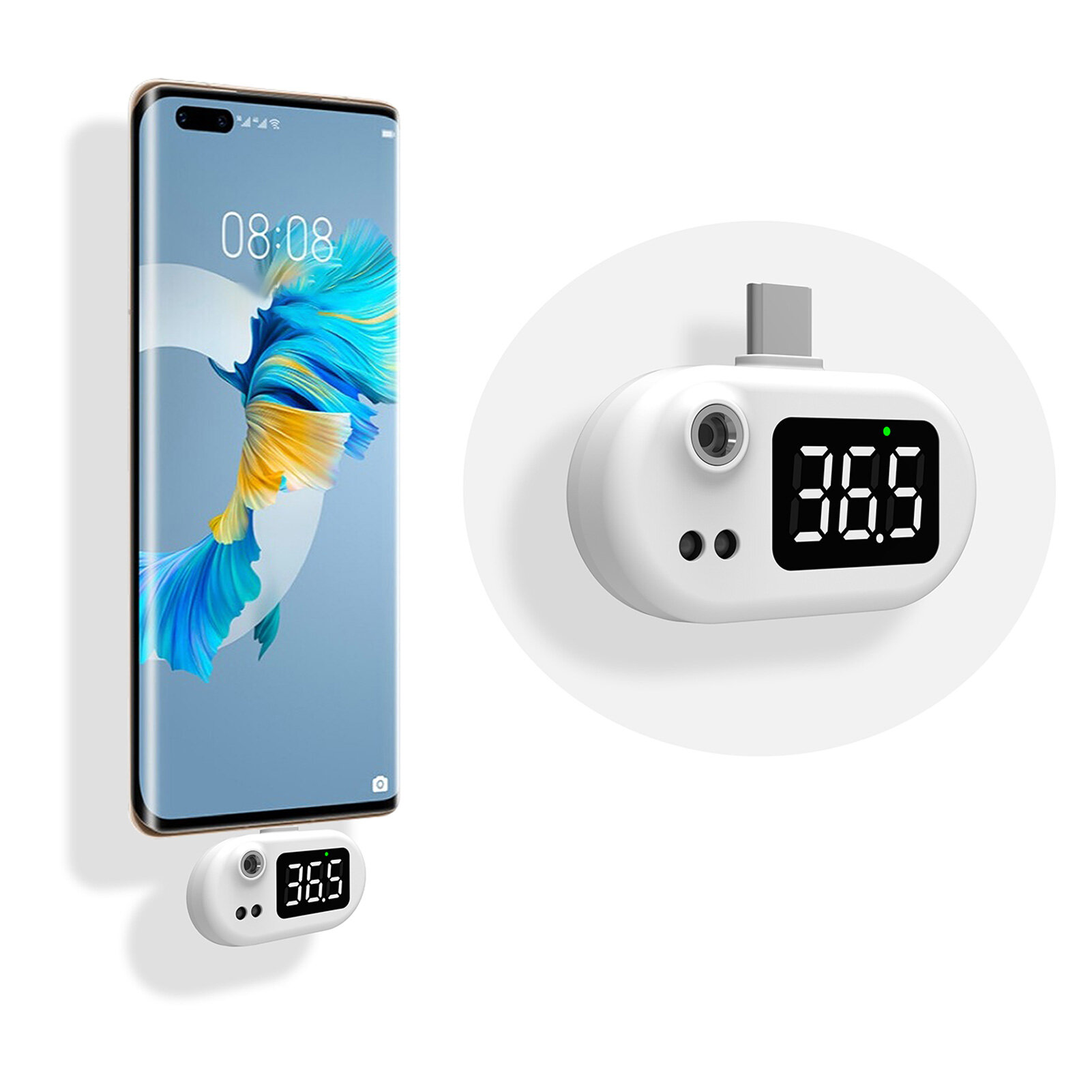 USB Термометр Умный Интеллектуальный Портативный Мини Телефонный Без Контакта Инфракрасный для Взрослых Детей Устройство Измерения Температуры Переключение ℃/℉ Материал ABS Цвет Белый Интерфейс Type-C iOS Android Питание DC 5V Время Измерения 1 Секунда