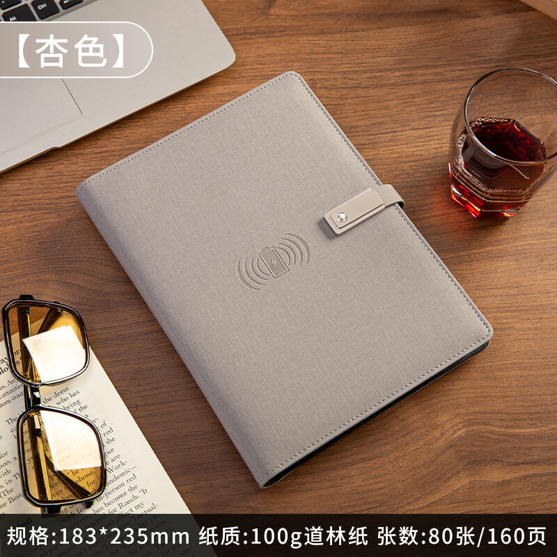 Беспроводной зарядный блокнот формата А5 для бизнеса и офиса, многофункциональный, с USB-накопителем и внешним аккумулятором, с возможностью персонализации.