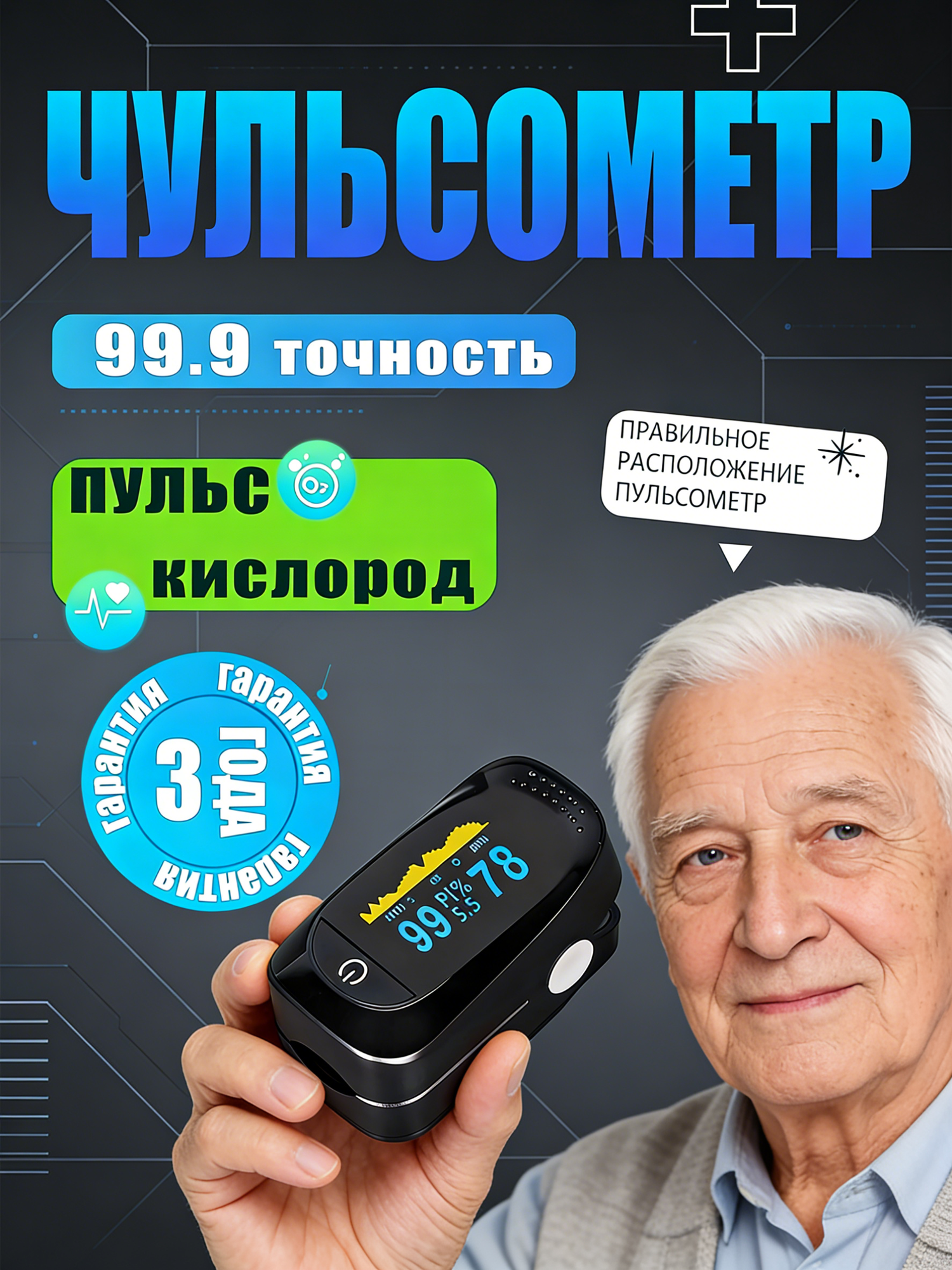 Пульсоксиметр, медицинский, на палец, чёрный, для всей семьи