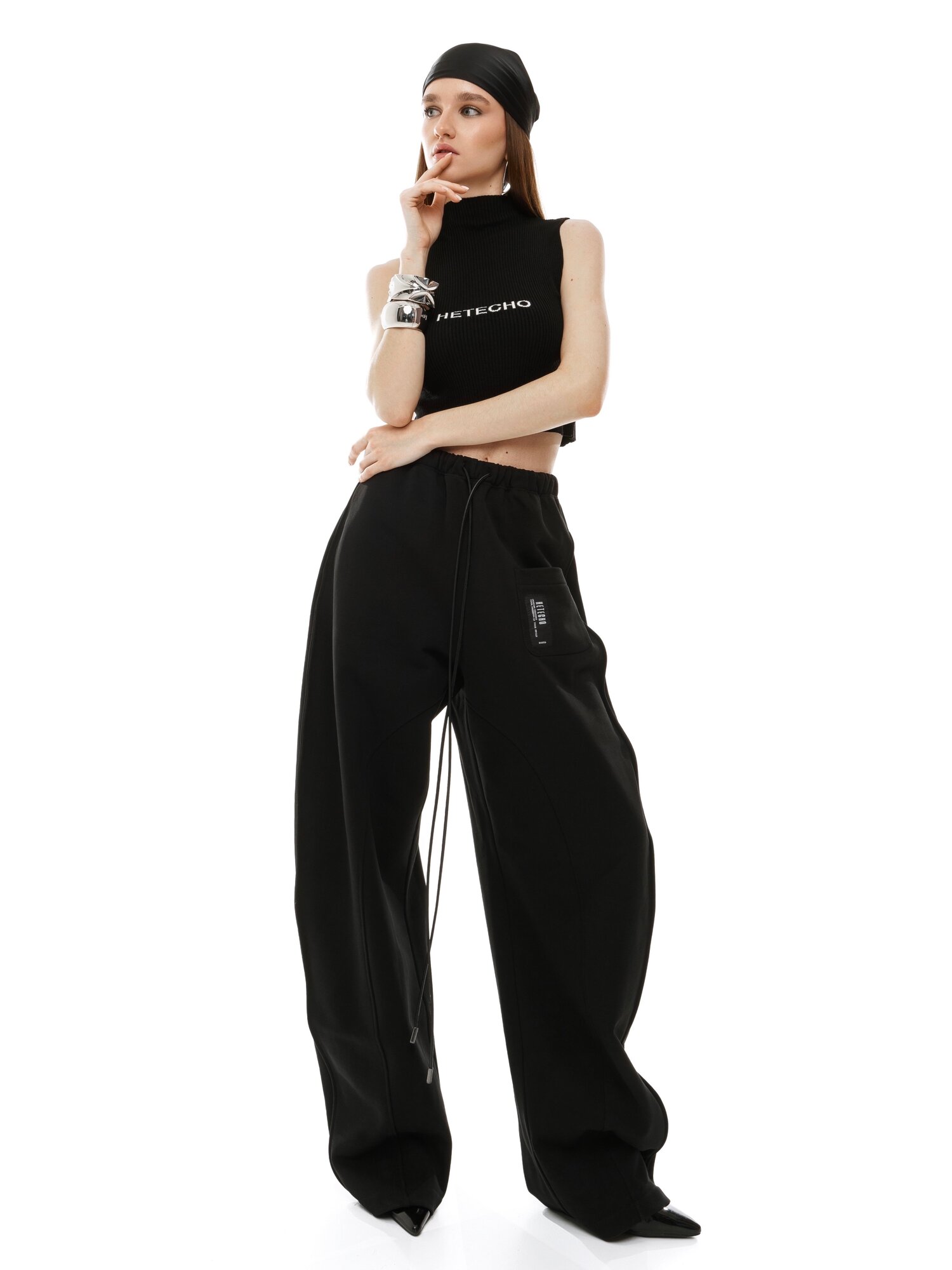 Брюки карго широкие с кожаным шнуром