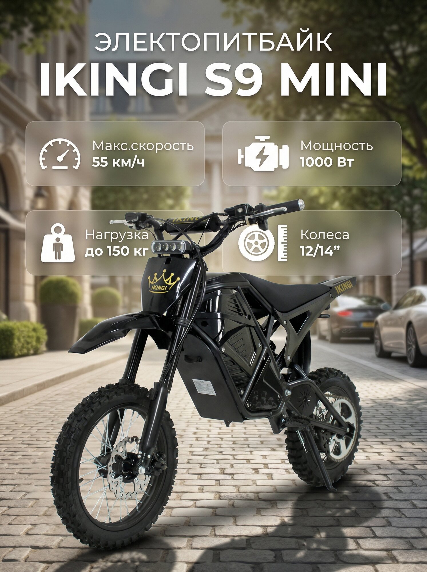 Электропитбайк (электромопед) Ikingi S9 Mini 1000W, 48V/25Ah