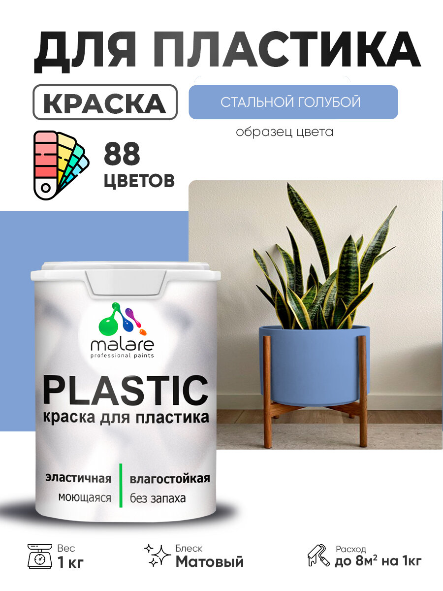Акриловая краска для пластика Malare Plastic для пенопласта ПВХ сайдинга, для подоконников и откосов, быстросохнущая без запаха, матовая, стальной голубой, 1 кг