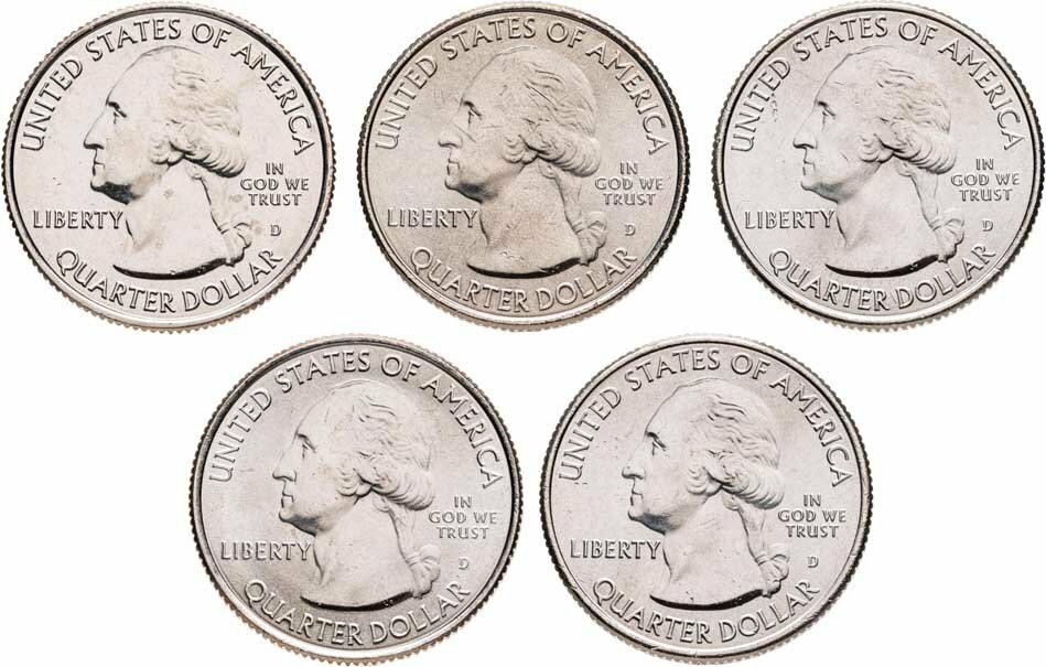 США набор из 5 монет 25 центов квотер, 1/4 доллара, quarter dollar 2016 Двор D, Медь 900, в сохранности UNC