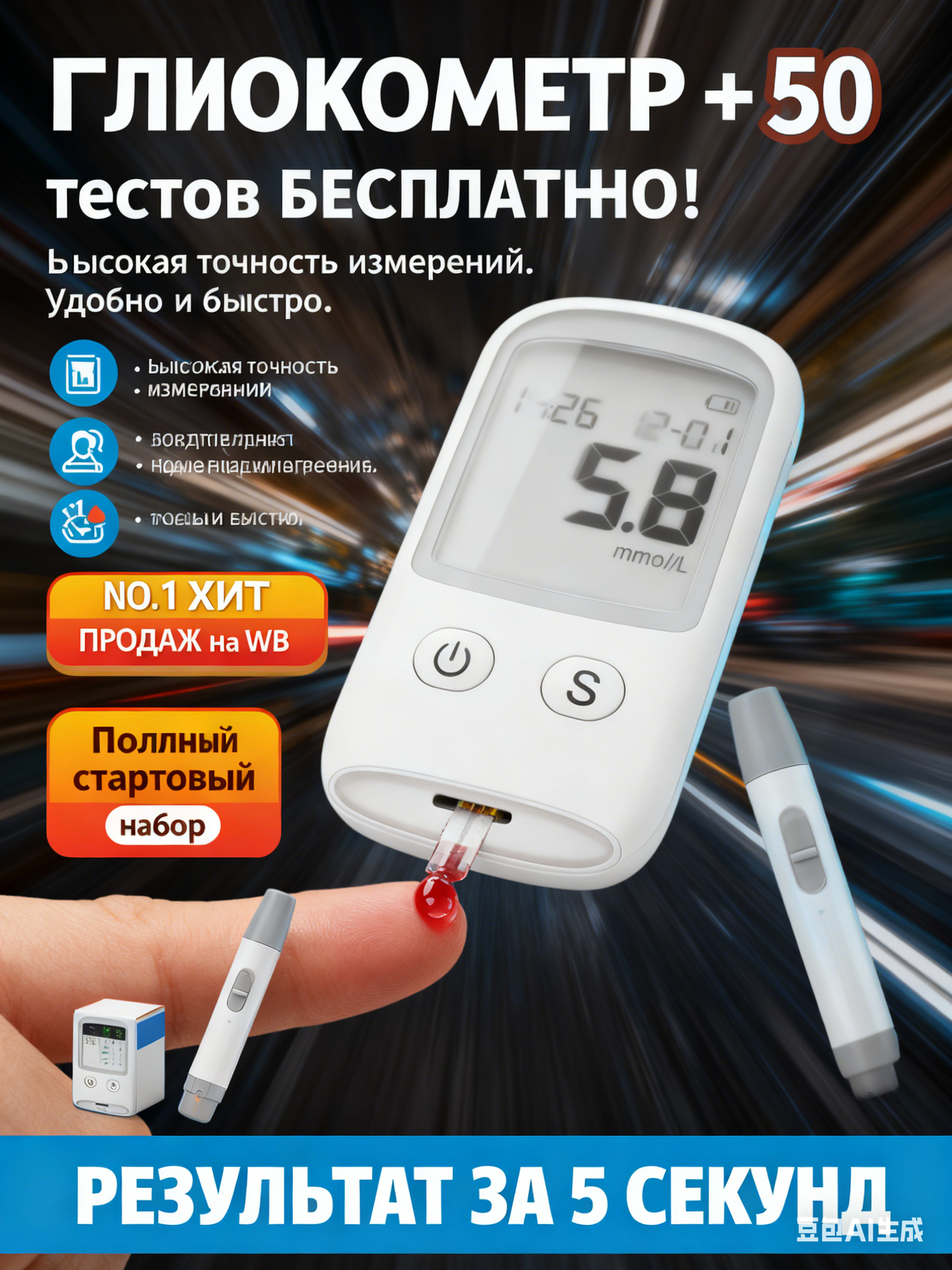 Глюкометр с прокалывателем и ланцетами в наборе, измеритель сахара в крови, мониторинг глюкозы при диабете
