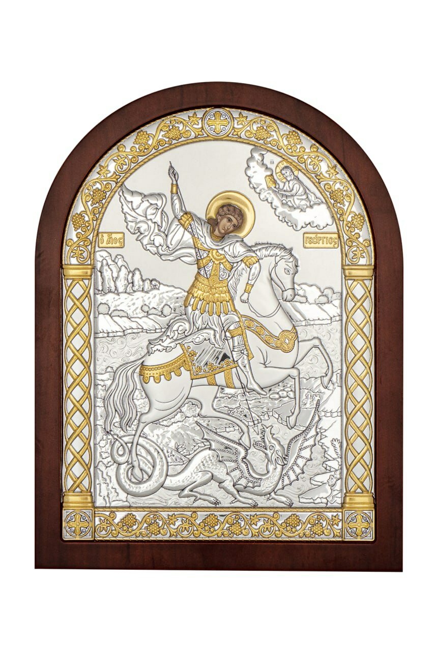Георгий Победоносец, икона арочная, красное дерево 105х140