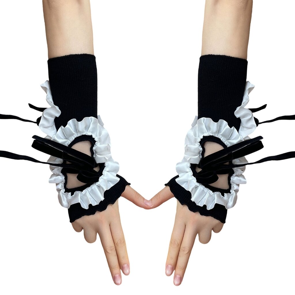 Y2K hot girl Полая Плиссированная Полая Атласная Кружевная Повязка На Руку С Рукавом Перчатки-Черный