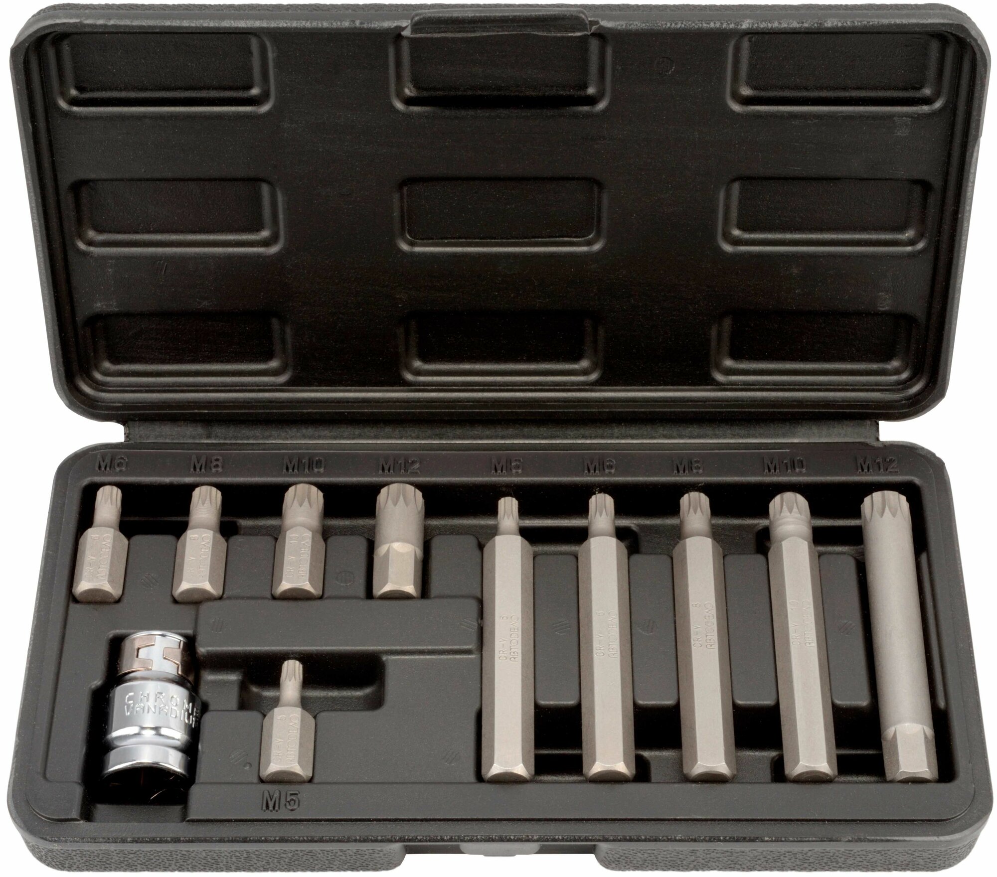 Набор бит, звездочек SPLINE М5-М12 профиль 12-гранный, длина 30 и 75 мм, 11 предметов, АвтоДело