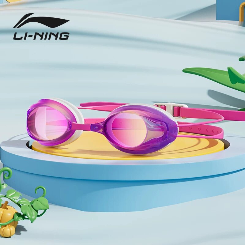 Детские плавательные очки Lining Li Ning, анти-туман, силикон, розовые линзы