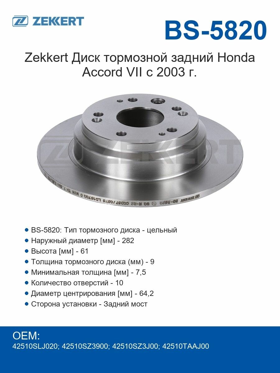 Zekkert Диск тормозной задний Honda Accord VII с 2003 г.