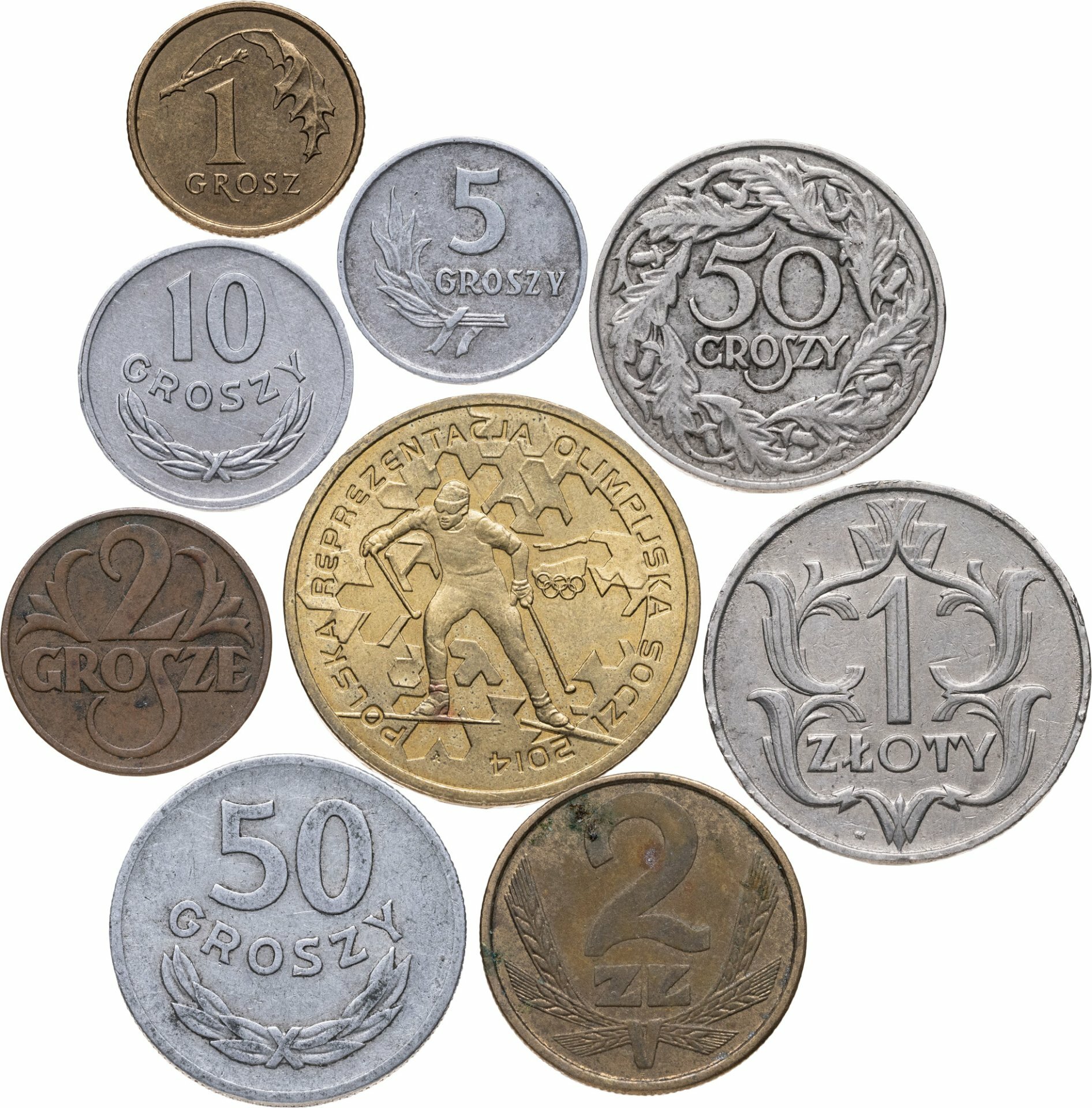 Польша набор из 9 монет 1, 2, 5, 10, 50 грош, 1, 2 злотых 1923-2014, Металл, в сохранности VF-UNC