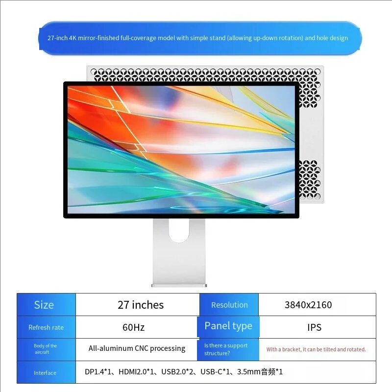 Монитор KUYCON P27G с 27-дюймовым экраном 3840*2160 4K60Hz, IPS-дисплей, HDMI2.0+DP1.4+USB2.0, глянцевый экран, 27 дюймов, Type-c, ЦНК алюминий