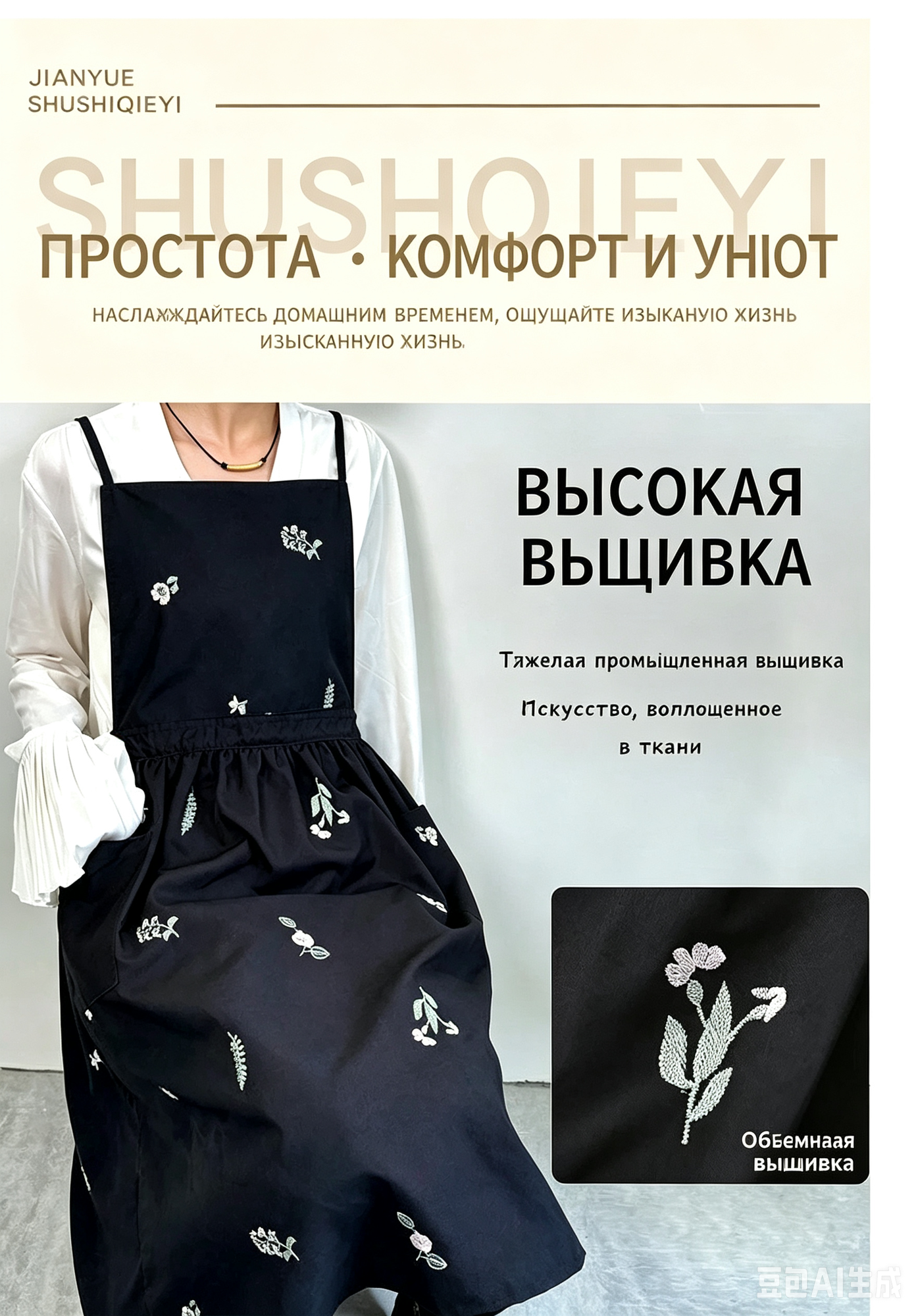 Фартук в корейском стиле, фартук из кофейни и ресторана（черная цветочная вышивка）