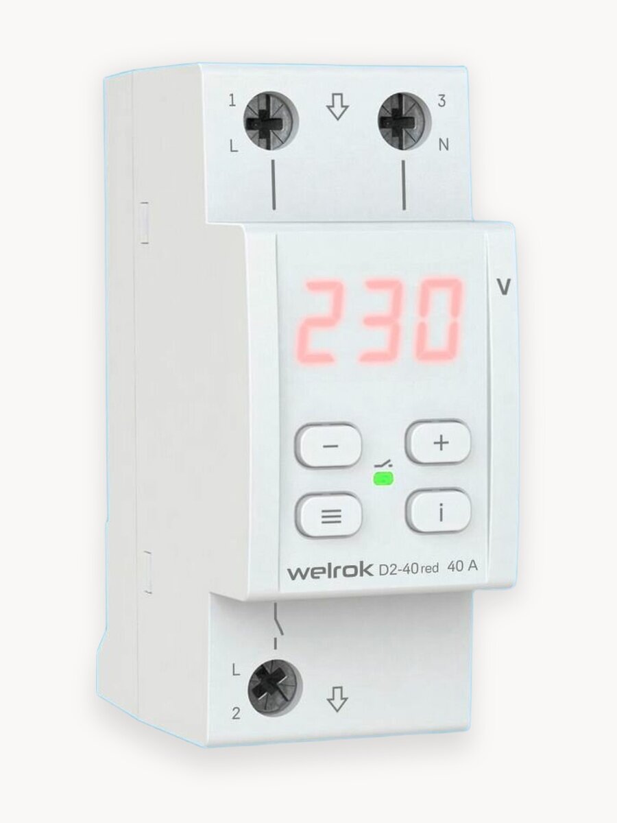 Реле контроля напряжения Welrok D2-40 RED, 40А, однофазное, двухмодульное с красной индикацией, улучшенный аналог RBUZ D2-40