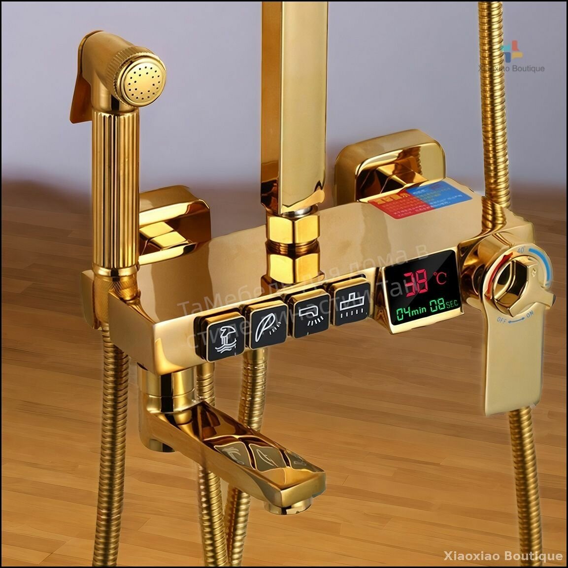 Душевой комплект с тропическим душем, гигиенический . Кронштейн (система) со смесителем "водопад", золотая бронза