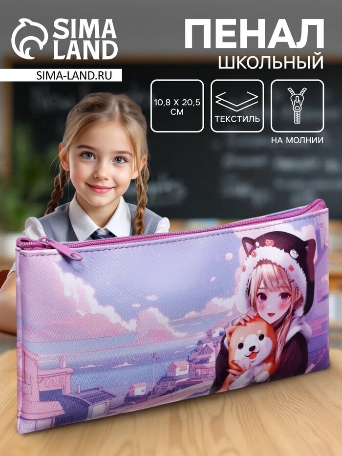 Пенал школьный, текстиль, плоский, 10.8×20.5 см Аниме. друзья