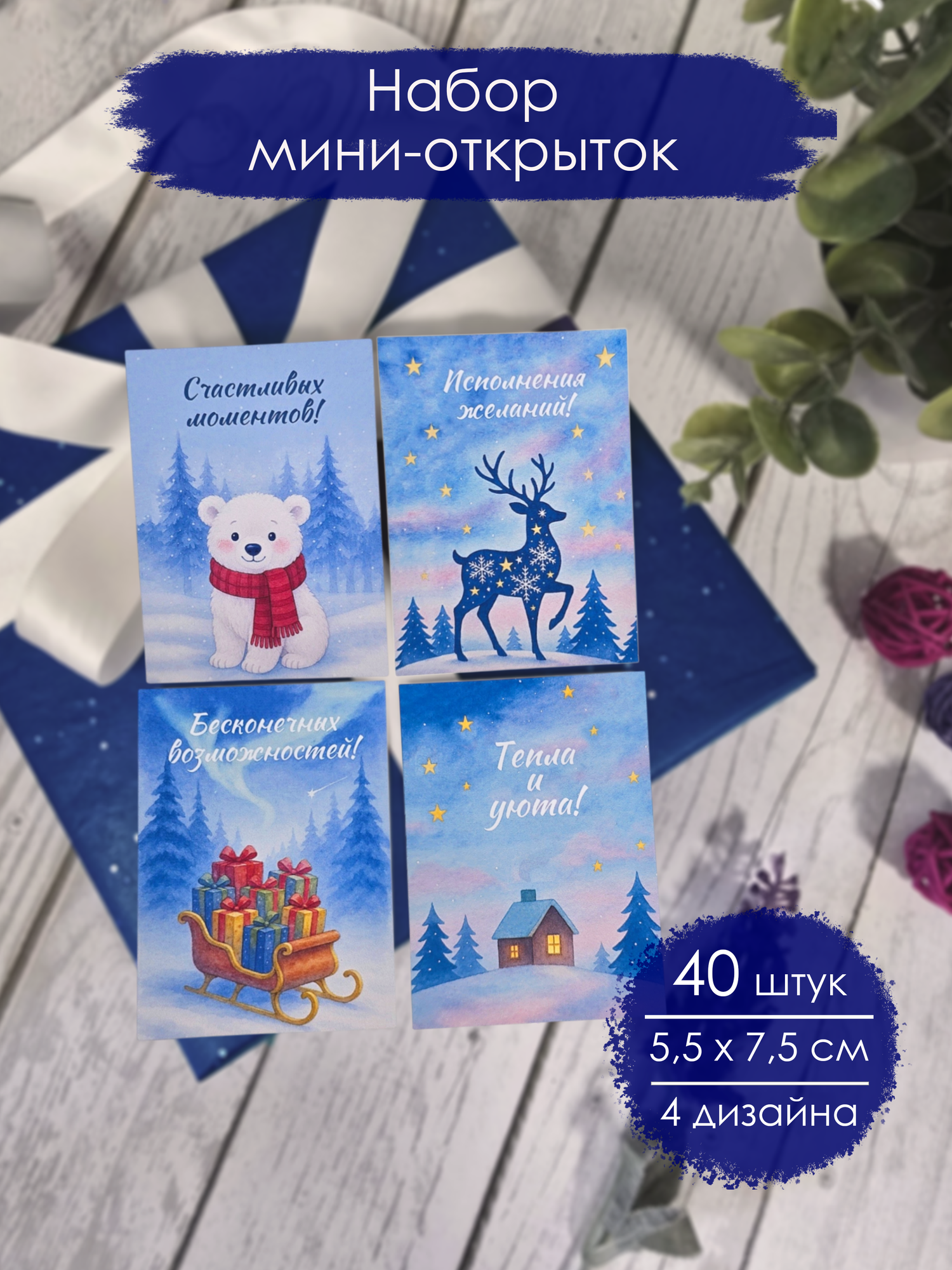 Новогодние мини открытки с пожеланиями / набор новогодних открыток, 40 шт, 5,5*7,5 см