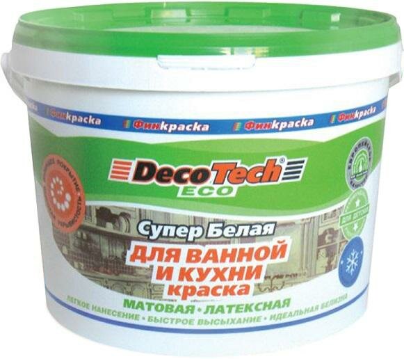 Краска для Ванной и Кухни Финкраска DecoTech Eco 14кг Белая, Матовая, Латексная / Декотек Эко.