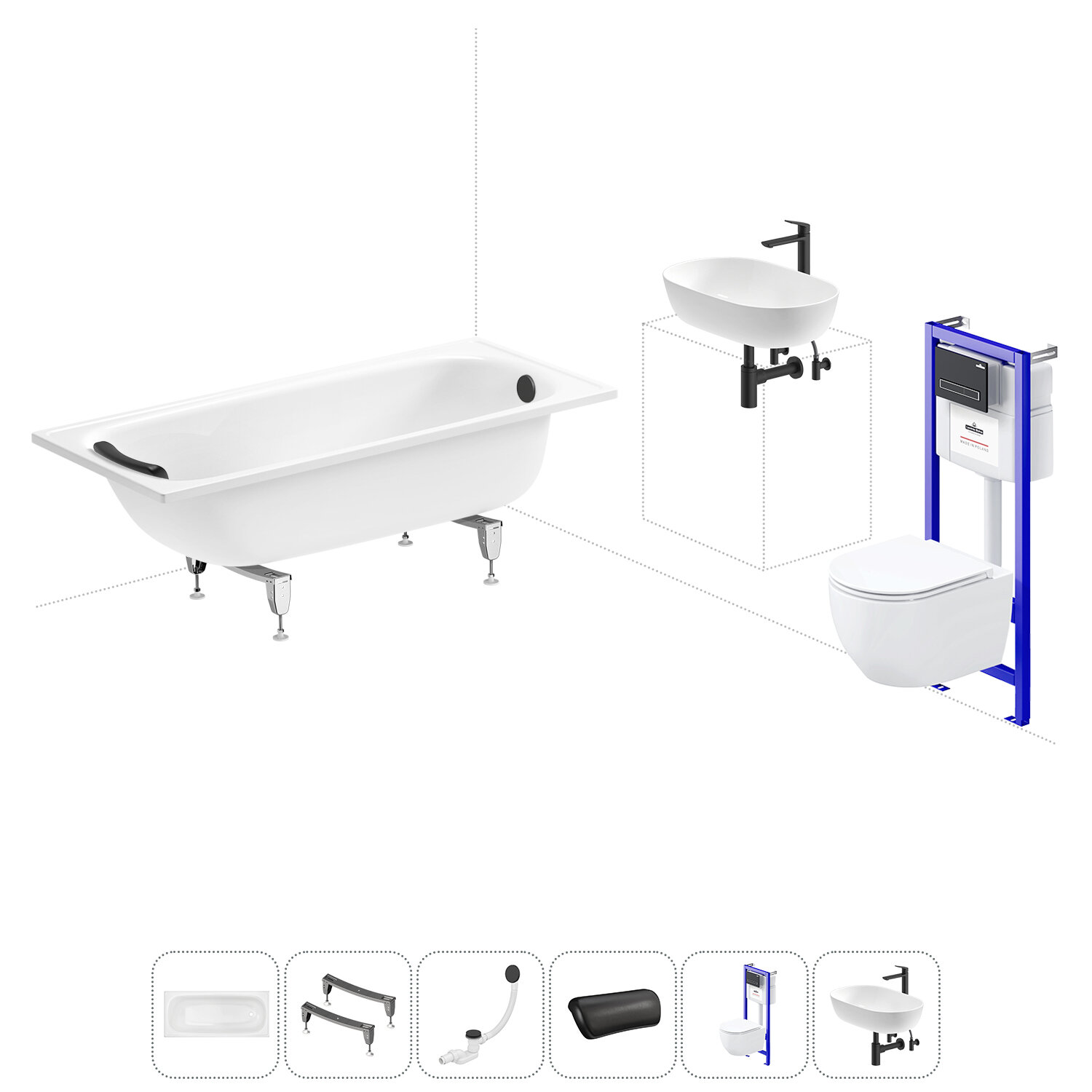 Стальная ванна 160х70 Sanitana BLB Europa 20220803R в наборе 6 в 1: металлическая ванна 160 х 70 см, ножки, слив-перелив, подголовник, инсталляция с унитазом, раковина с комплектом для подключения