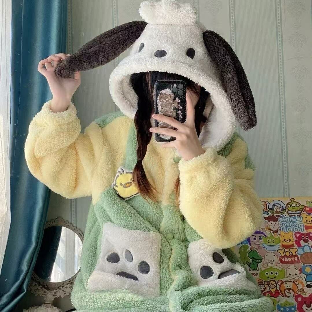 Милая пушистая пижама Hello Kitty Sanrio с милым бантом осень-зима Милая Длинная женская пижама аниме плюшевая парная домашняя одежда, M--160-168CM, Розовый, Унисекс