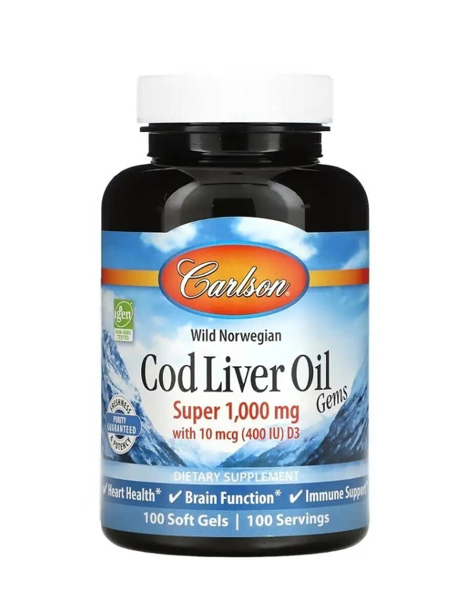 Carlson Cod Liver Oil Super with D3, из жира печени дикой норвежской трески 1000 мг с Д-3 10 мкг (400 МЕ), 100 капсул