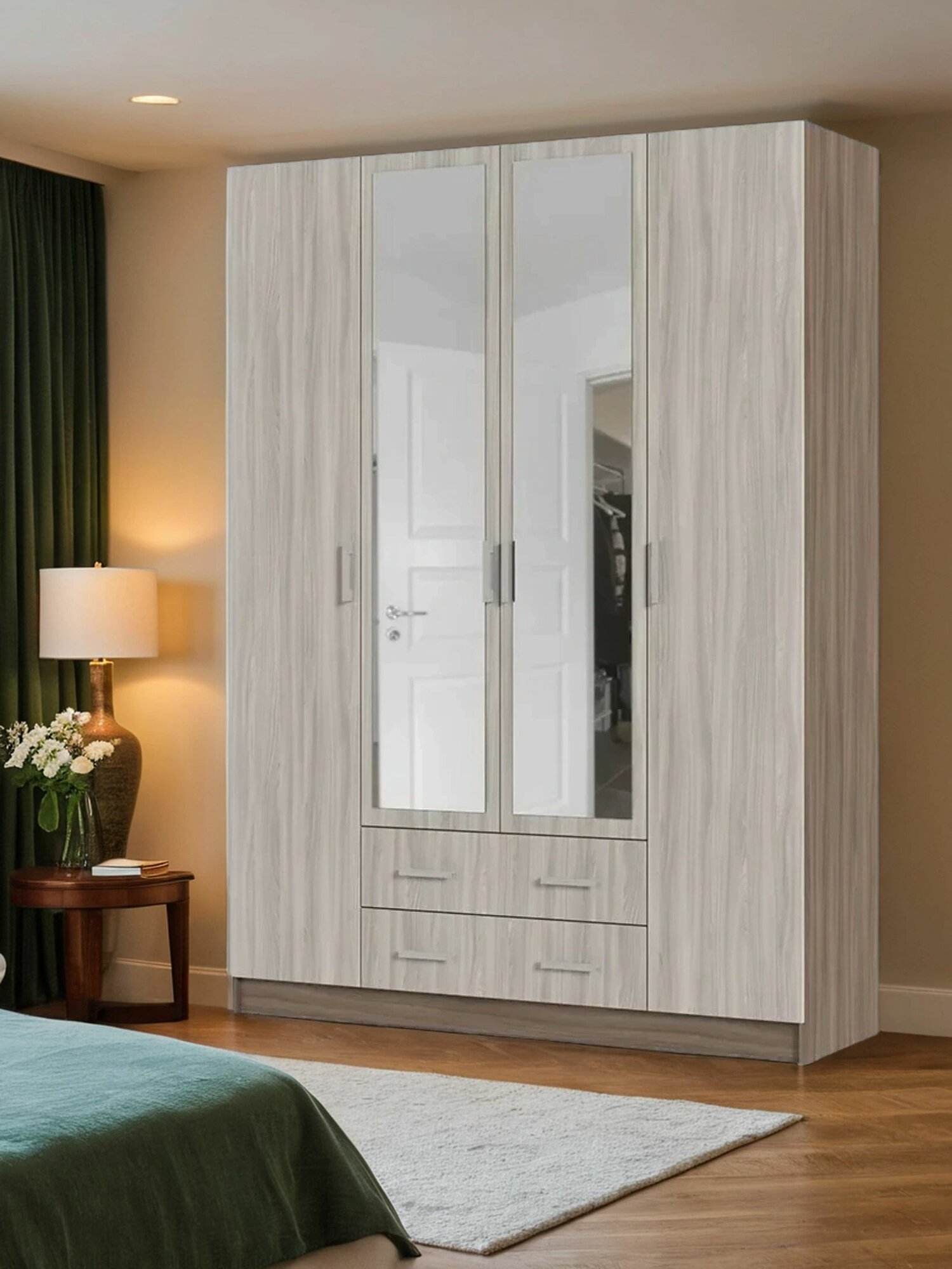 Шкаф распашной с зеркалом и ящиками, ясень шимо темный/ясень шимо светлый, 1 шт.