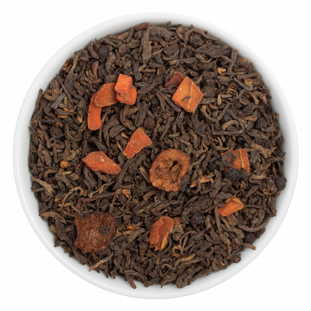 Китайский чай Пу Эр Спелая клюква, с колечками клюквы, кусочками моркови и ягодами бузины, 100 гр