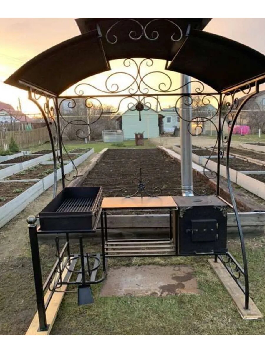 Большой мангал с крышей от дождя для дачи с печкой под казан. Беседка лофт. Мангальная зона с печкой. Гриль барбекю