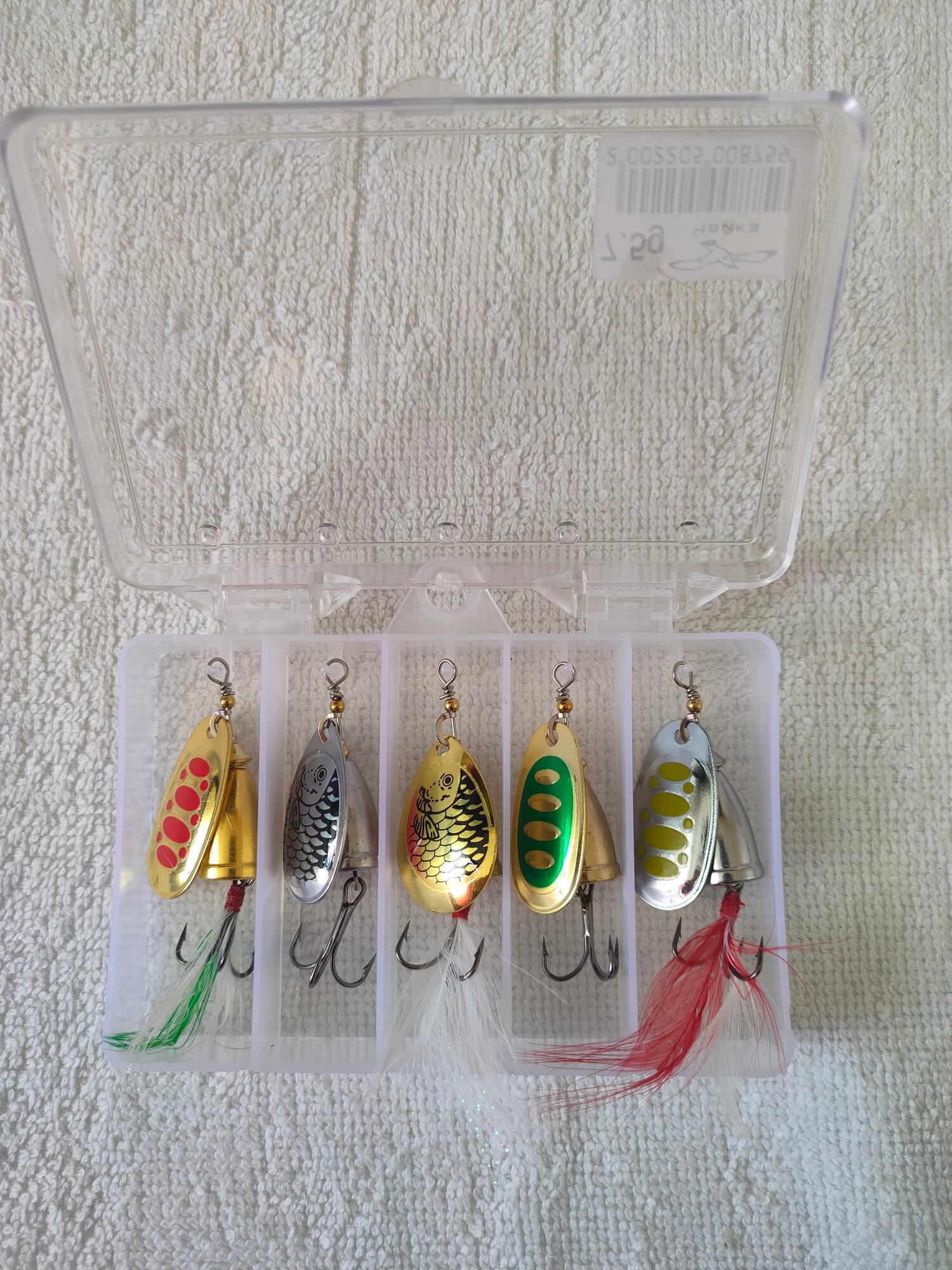 Набор блёсен-вертушек для рыбалки (5 шт, 7.5 грамм) – универсальные, на щуку, окуня, судака, форель, карпа + кейс