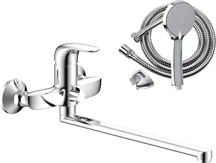 Смеситель с длинным изливом для ванны Olive'S Castilla 07221CS с душевым гарнитуром, поворотный, латунный, хром, глянцевый, смеситель для ванны с душем, рычажный, с настенным держателем