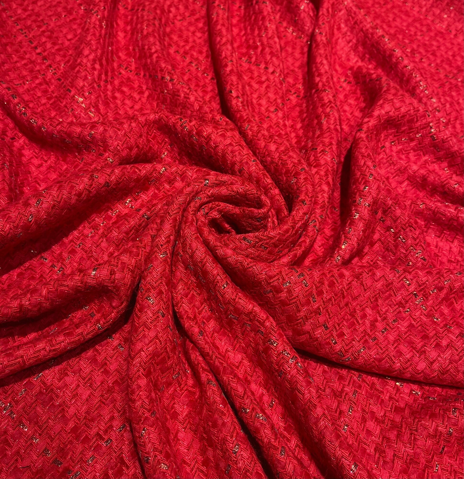 Ткань жакетная - твид, красная с золотой нитью, шерсть и акрил, плотность 500гр, Италия, любой метраж кратный 1м