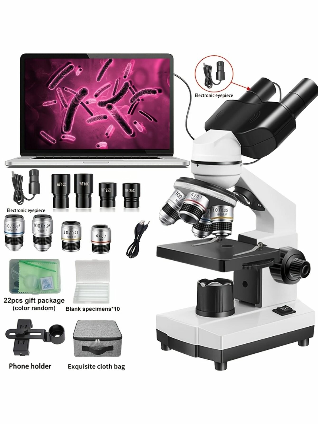Биологический четырехлунный двуглазный микроскоп (40x-2500x) с двойным LED, регулировкой фокуса, телефонным держателем, 5 цветов и 10 препаратами
