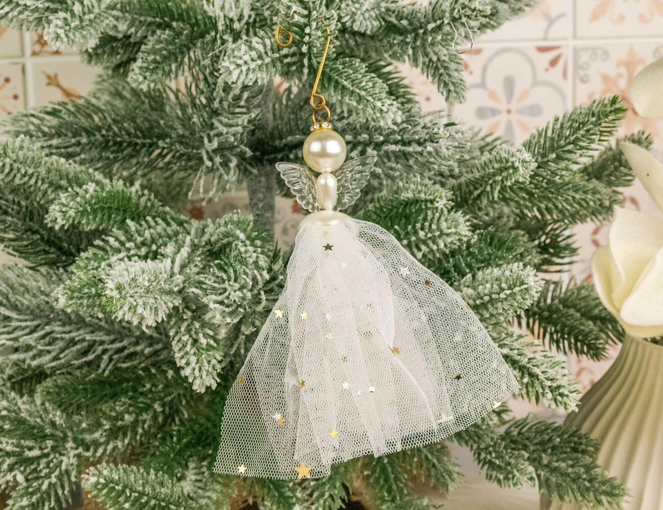 Ёлочная игрушка ангел-жемчужинка аньола, текстиль, пластик, 19 см, Kaemingk 520817-2