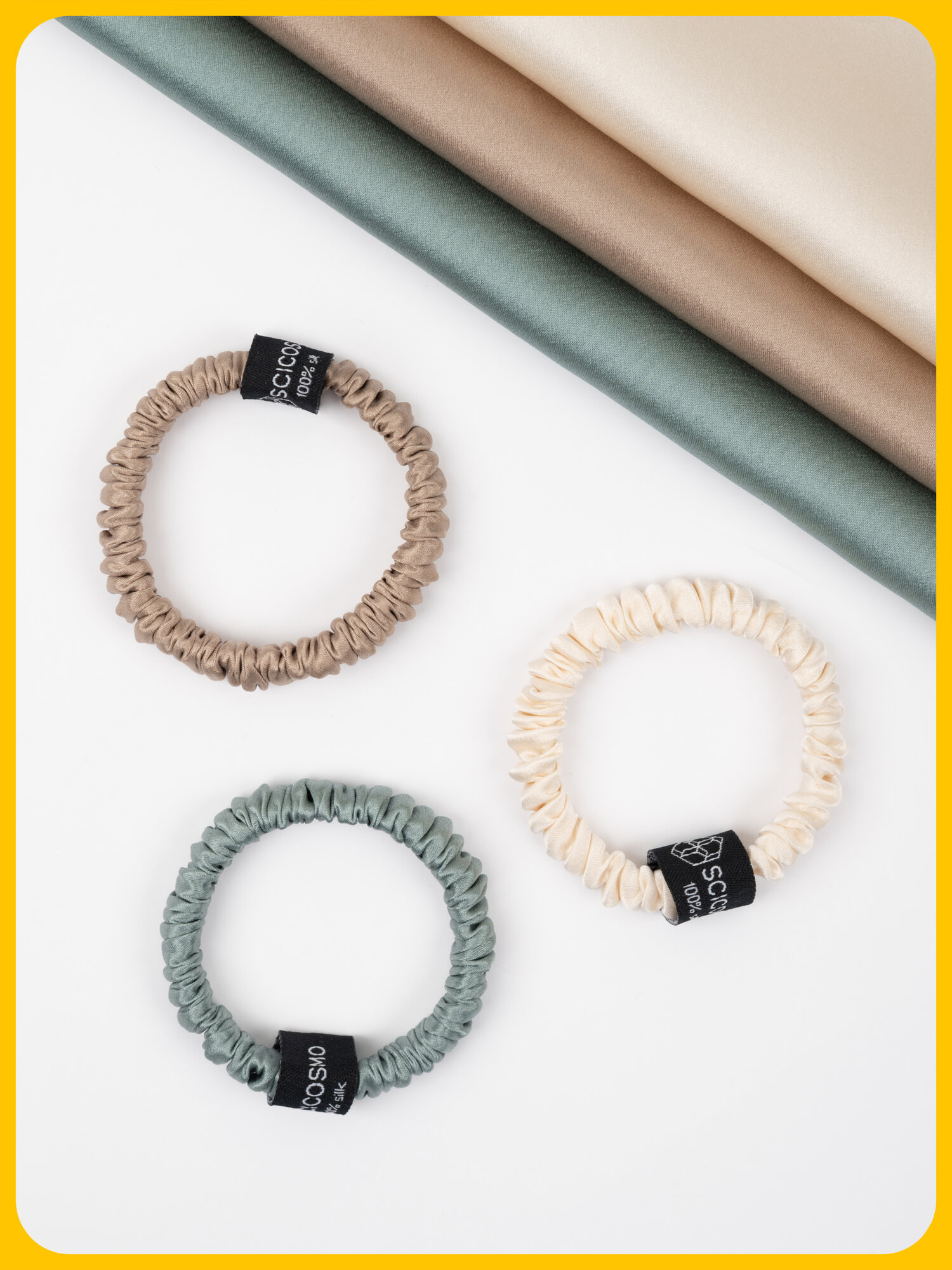 100% натуральный шелк 19 момми/Набор из 3-х резинок 0,5 см/цвета: пастельно-бирюзовый, светлый шампань, темный шампань