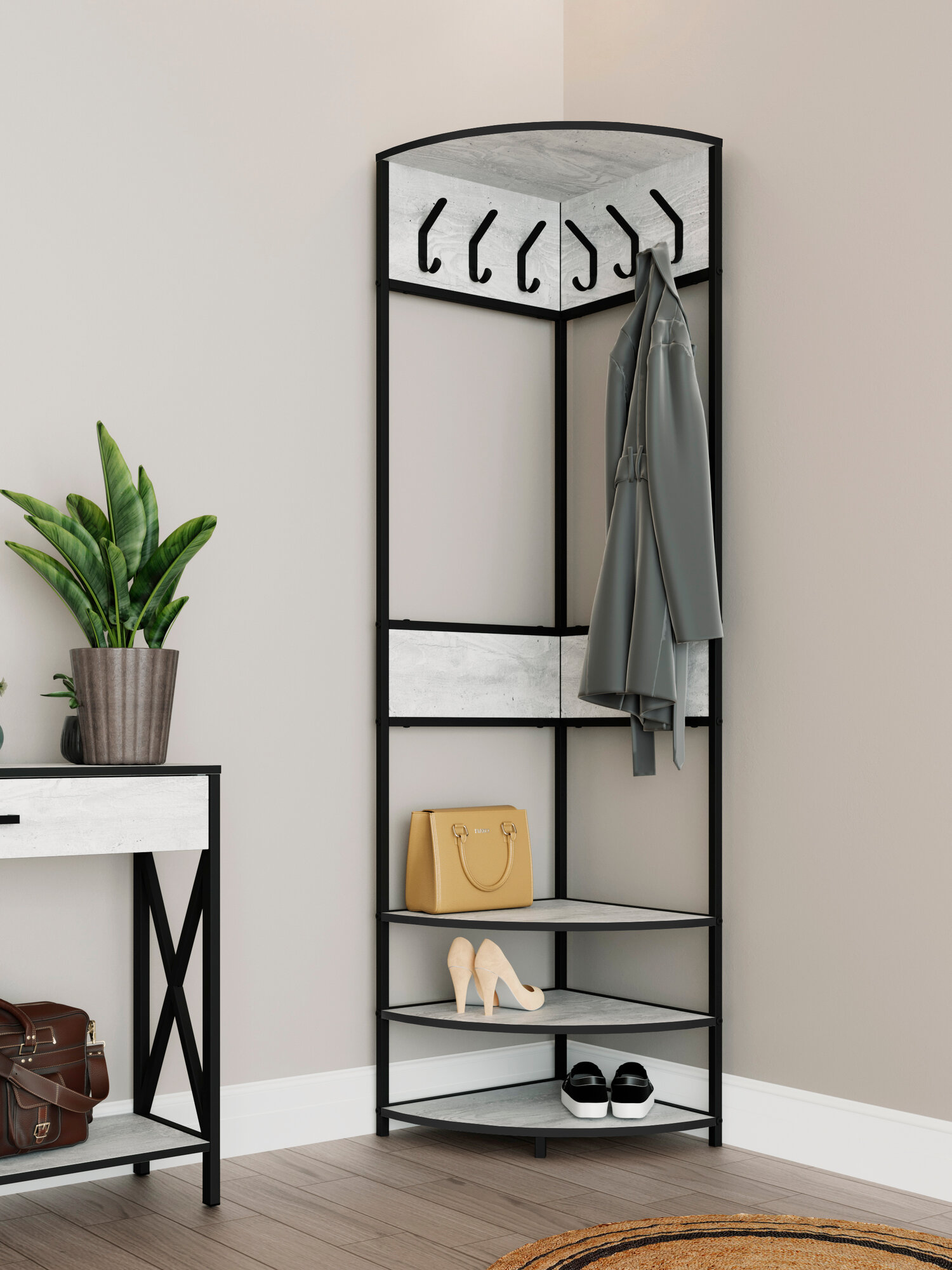 Прихожая угловая, вешалка напольная Лофт 50х202 см, Белый бетон пайн