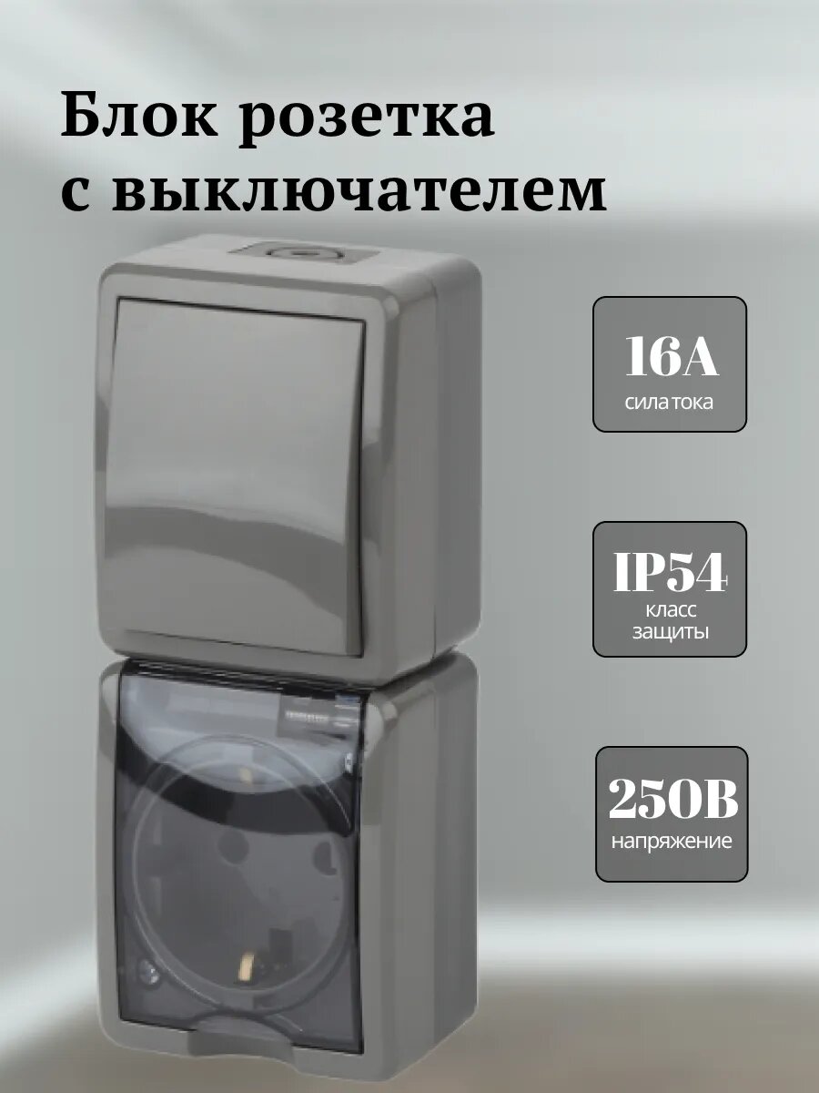 Блок комбинированный ЭРА Эксперт 1-клавишный выключатель и розетка с заземлением, 16A, IP54, вертикальный, серый
