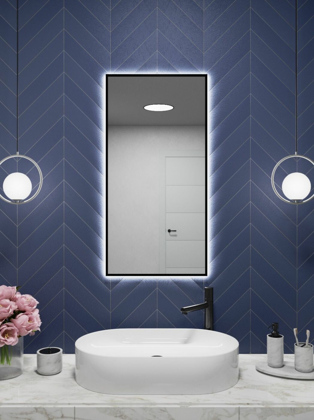 Зеркало настенное 90х40 см. ONE MARKET с подсветкой в ванную в алюминиевой раме. Свет: Холодный белый 6000К, Черное