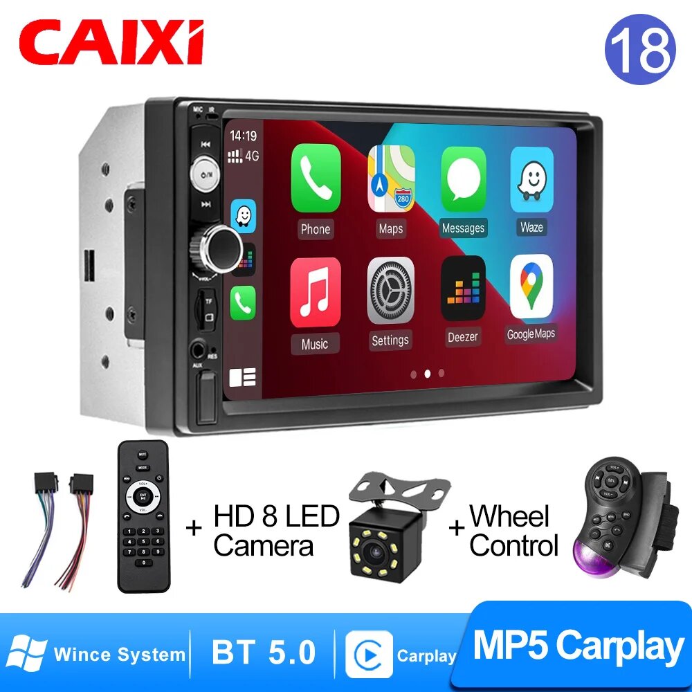 Автомагнитола CAIXI, мультимедийная стерео-система на Android, с 7 "экраном HD, MP5, Bluetooth, для Apple Carplay, типоразмер 2 din, 7010-MP5-CAM-SWC