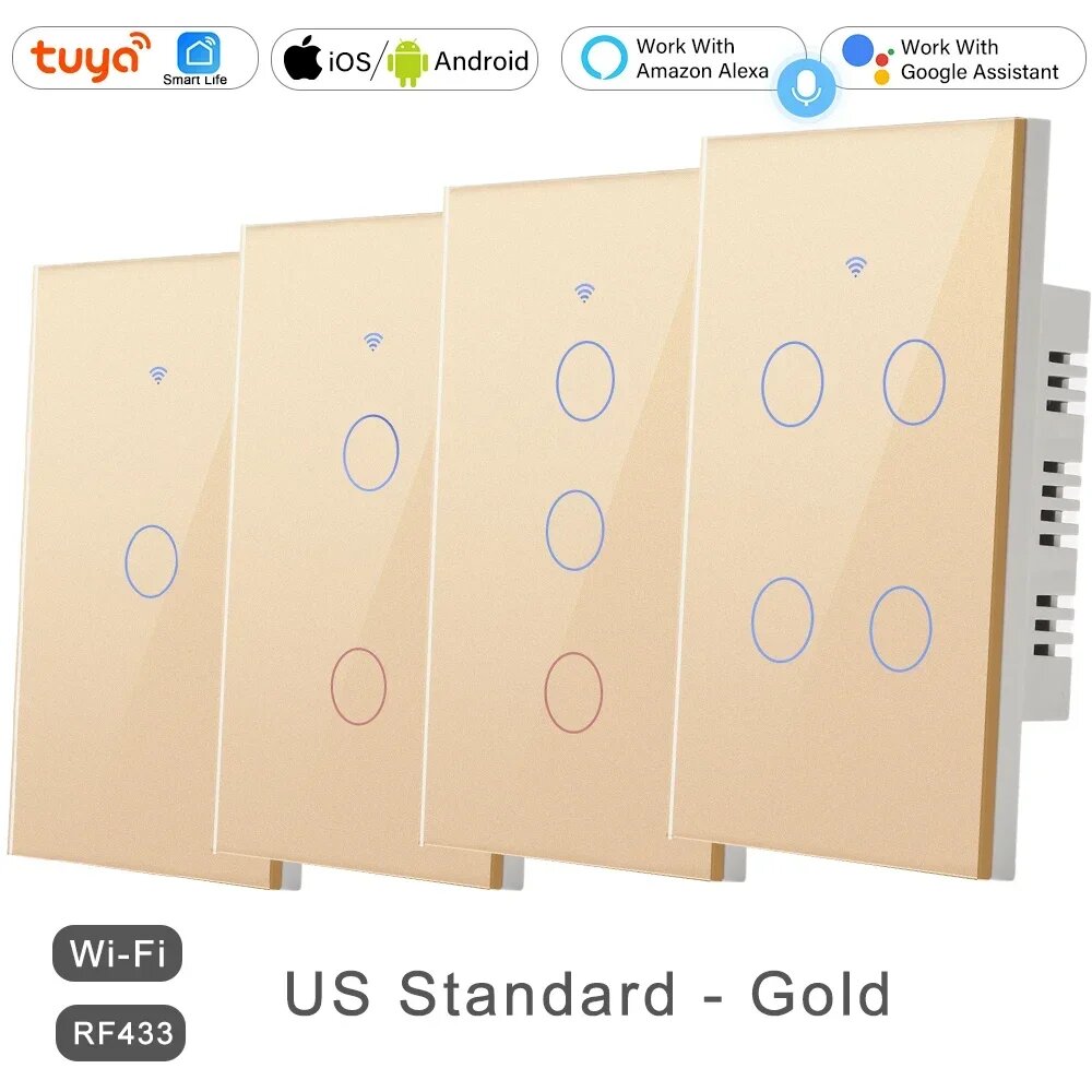 Smart Wi-Fi сенсорный переключатель YIDI, Gold, Live no Neutral 220V, 2-банды