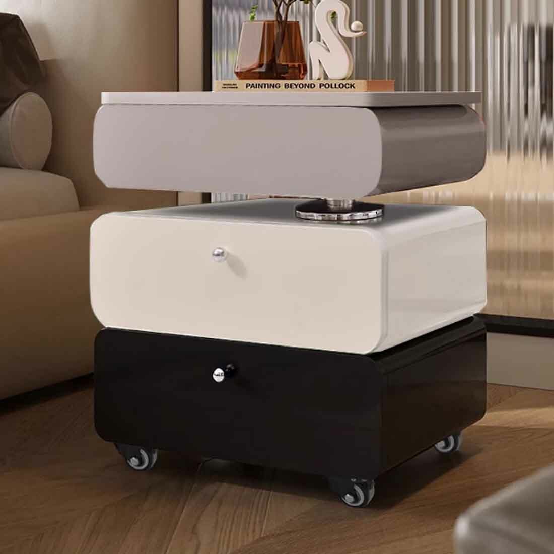 Дизайнерская тумбочка на колесиках Rochette с зеркалом и отсеком для хранения украшений (черно-белый)