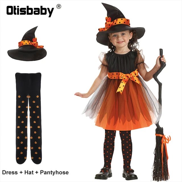 Детский карнавальный костюм ведьмы для девочек 120cm, Dress and pantyhose