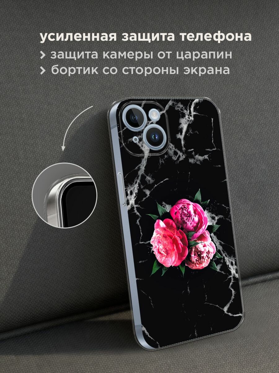 Чехол на Apple iPhone 14 / Айфон 14 с принтом "Букет на черном мраморе" — фото 1