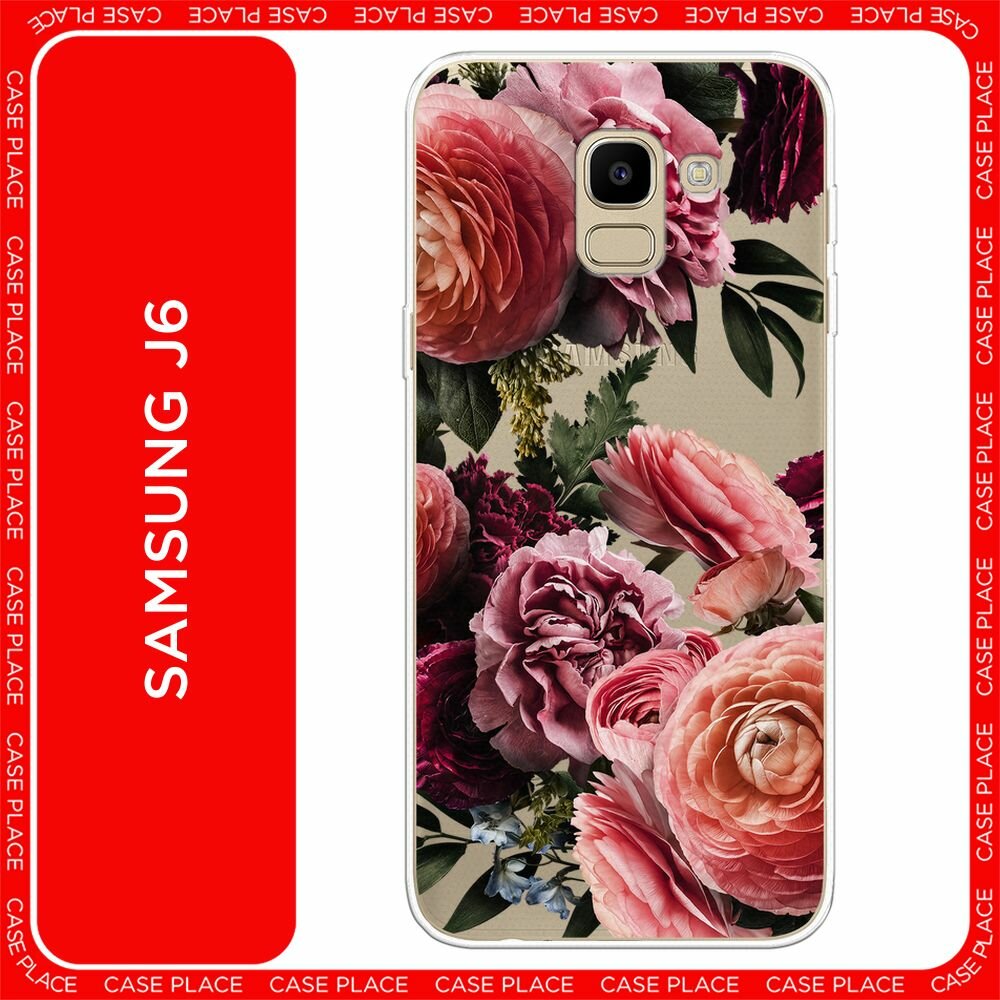 Чехол на Samsung Galaxy J6 2018 / Самсунг Галакси Джей 6 2018 с принтом "Бордовые винтажные цветы", прозрачный