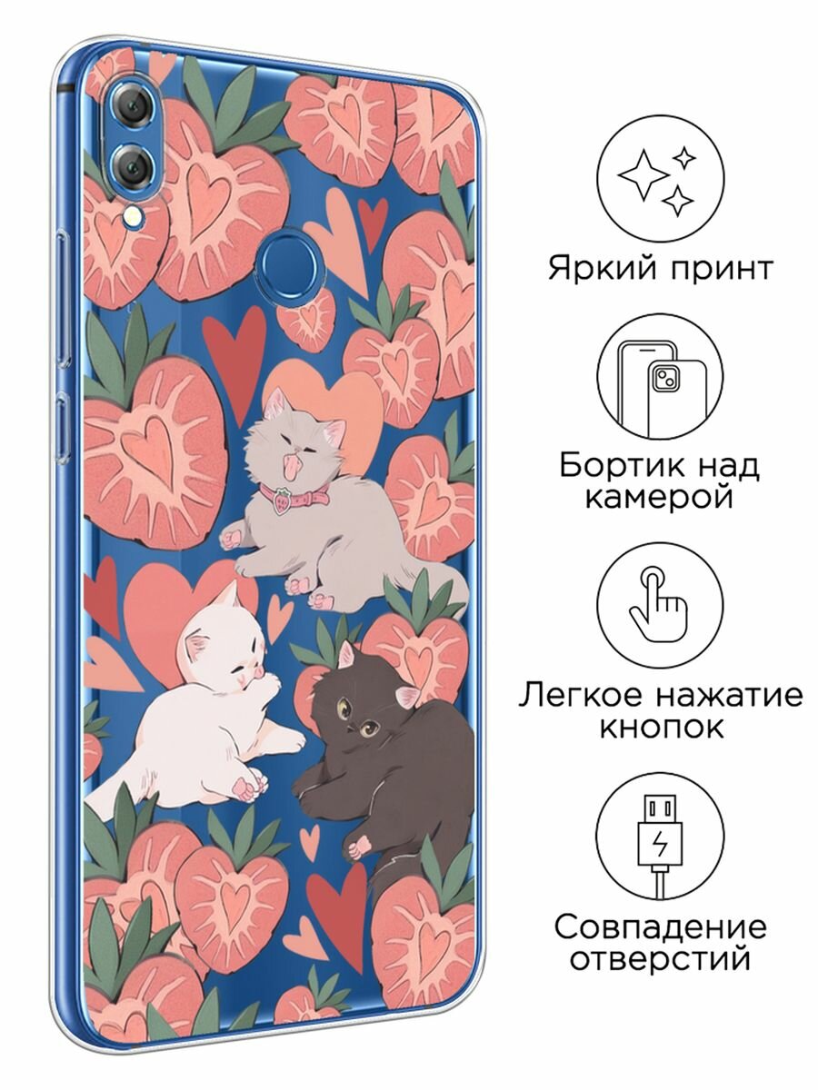 Чехол на Honor 8X / Хонор 8Х с принтом "Клубничные котики", прозрачный — фото 1