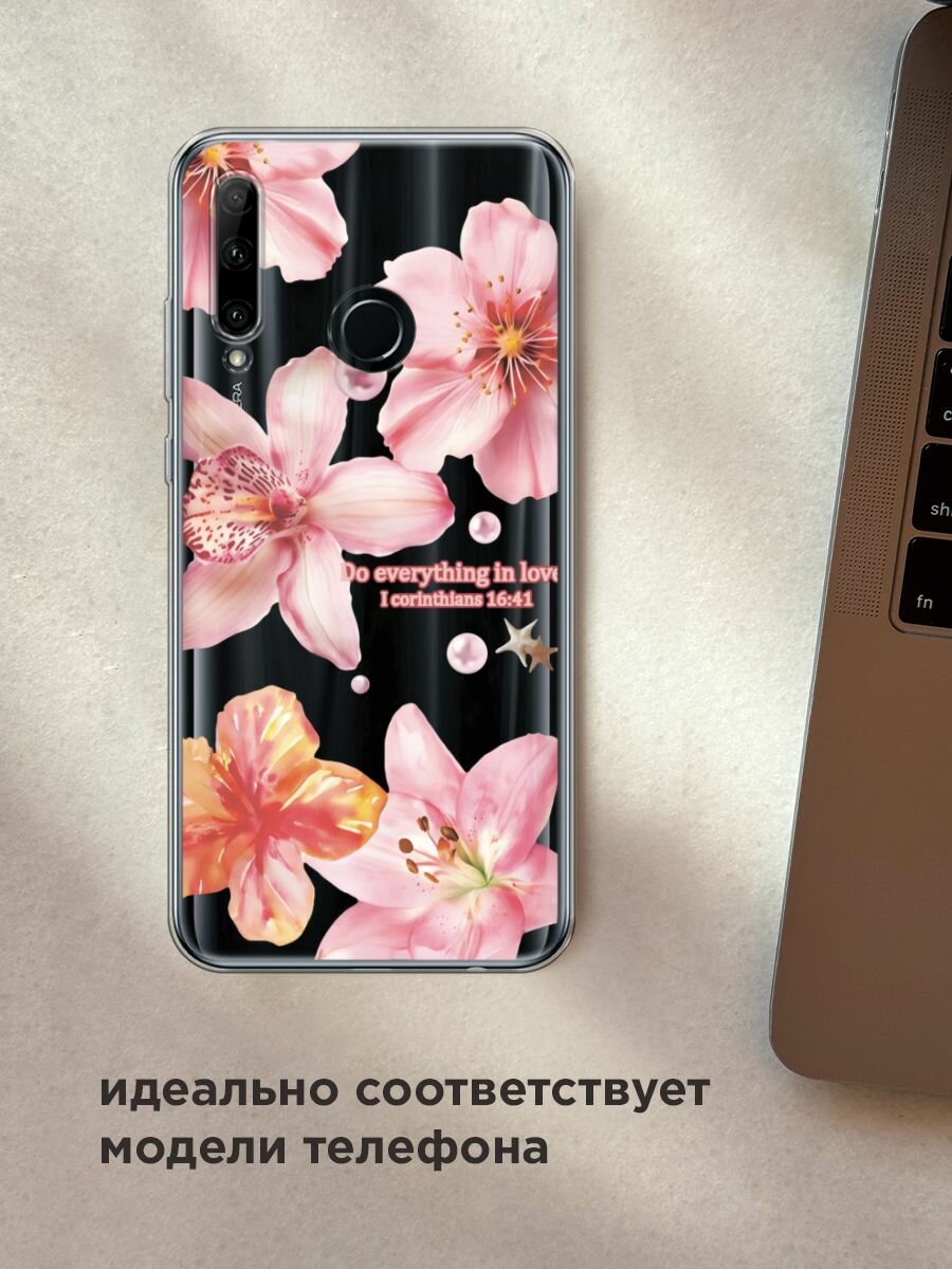 Чехол на Honor 10i/20 Lite 2019/20e/Huawei P Smart Plus 2019 / Хонор 10i с принтом "Тропические соцветия", прозрачный — фото 1