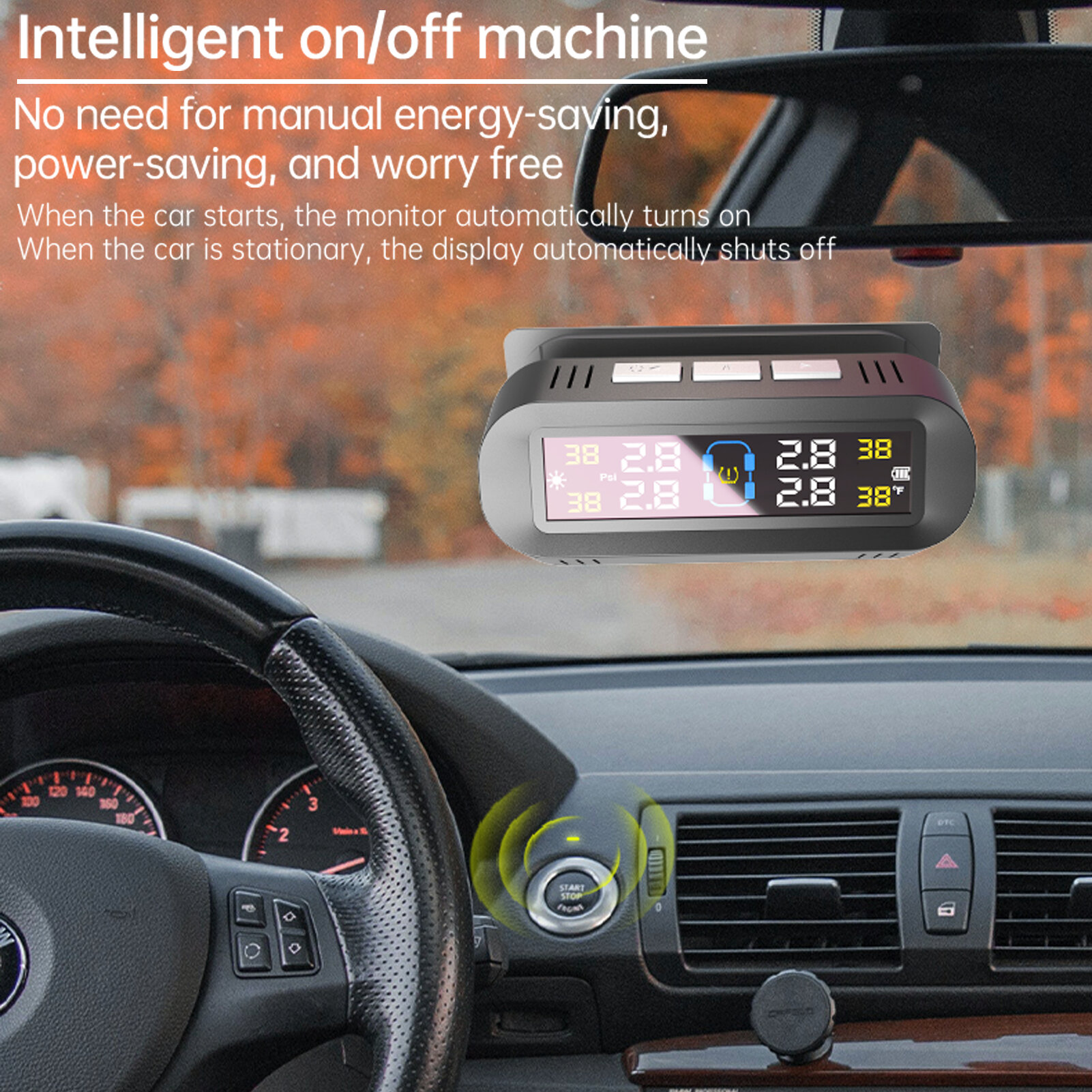 Система контроля давления в шинах, беспроводной солнечный датчик давления в шинах, установленный на лобовом стекле с 4 внутренними датчиками, голосовой сигнализацией, отображением температуры и давления в реальном времени 0-5 бар для легковых