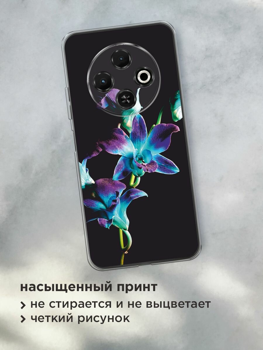Чехол на Tecno Spark 30C / Текно Спарк 30C с принтом "Синий цветок на черном" — фото 1