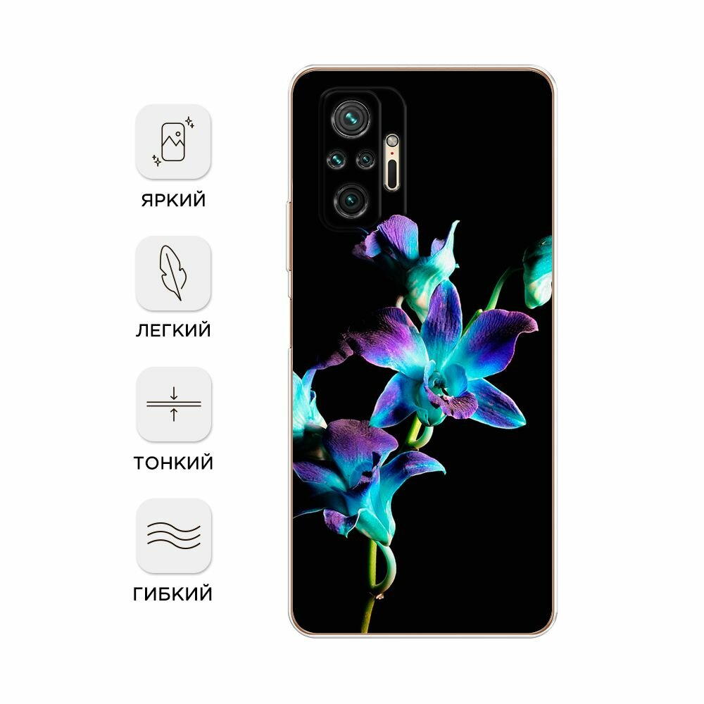 Чехол на Xiaomi Redmi Note 10 Pro / Сяоми Редми Нот 10 Pro с принтом "Синий цветок на черном" — фото 1