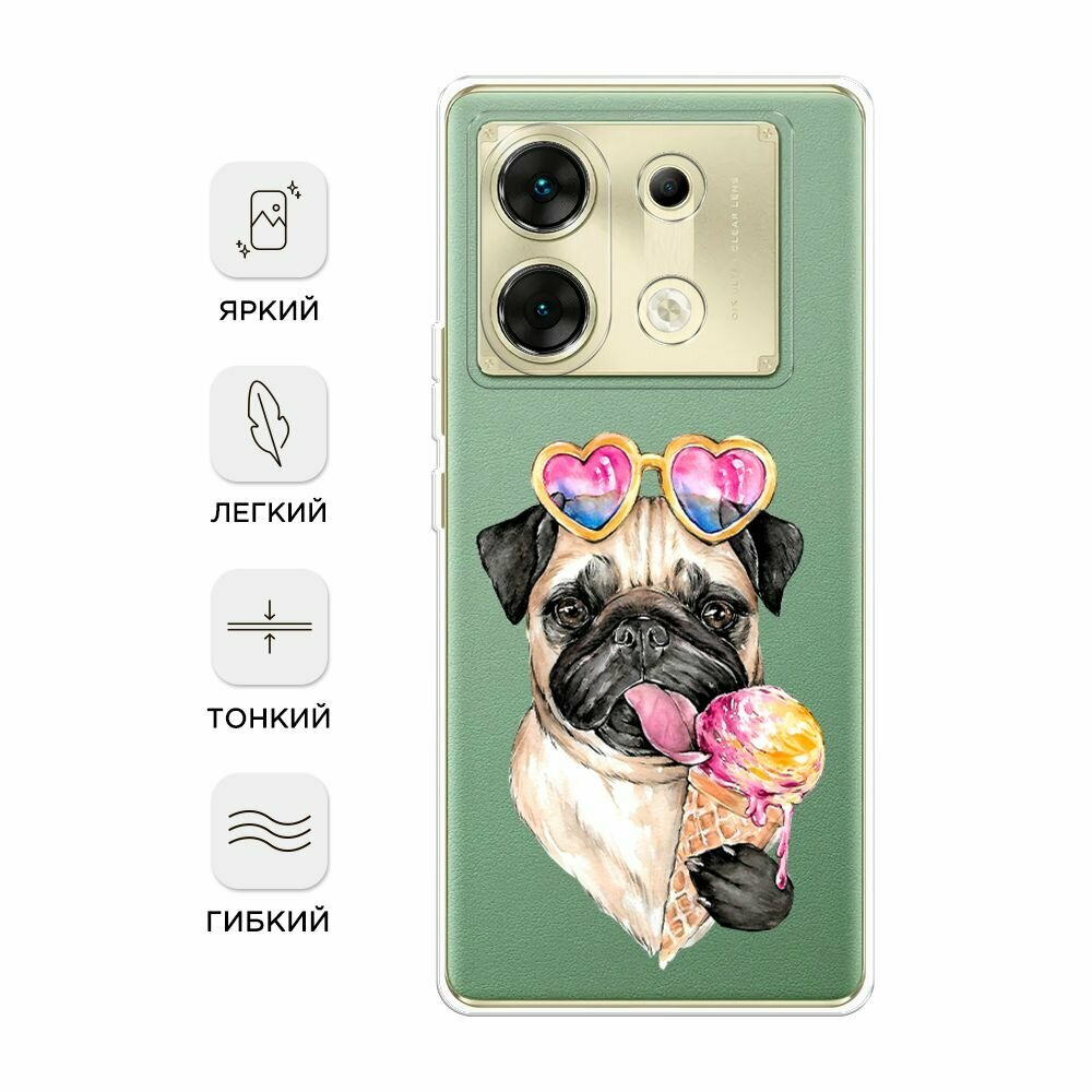 Чехол на Infinix Zero 30 5G / Инфиникс Зеро 30 5G с принтом Мопс с мороженкой, прозрачный — фото 1